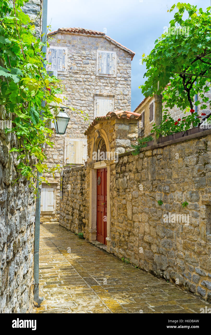 The scenic medieval street with the old stone fence and the wooden gate ...