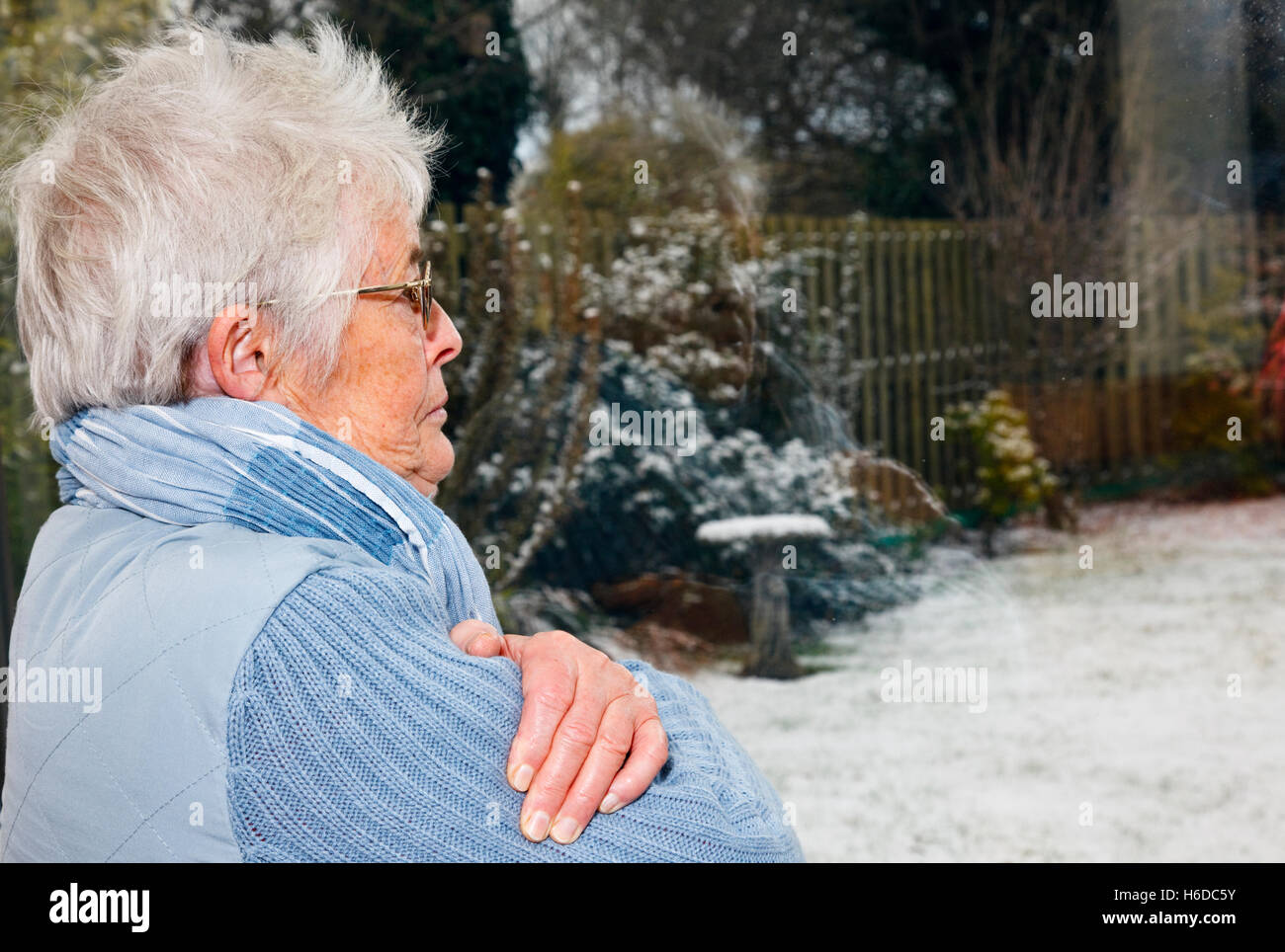 Woman looking out to winter garden hi-res stock photography and images ...