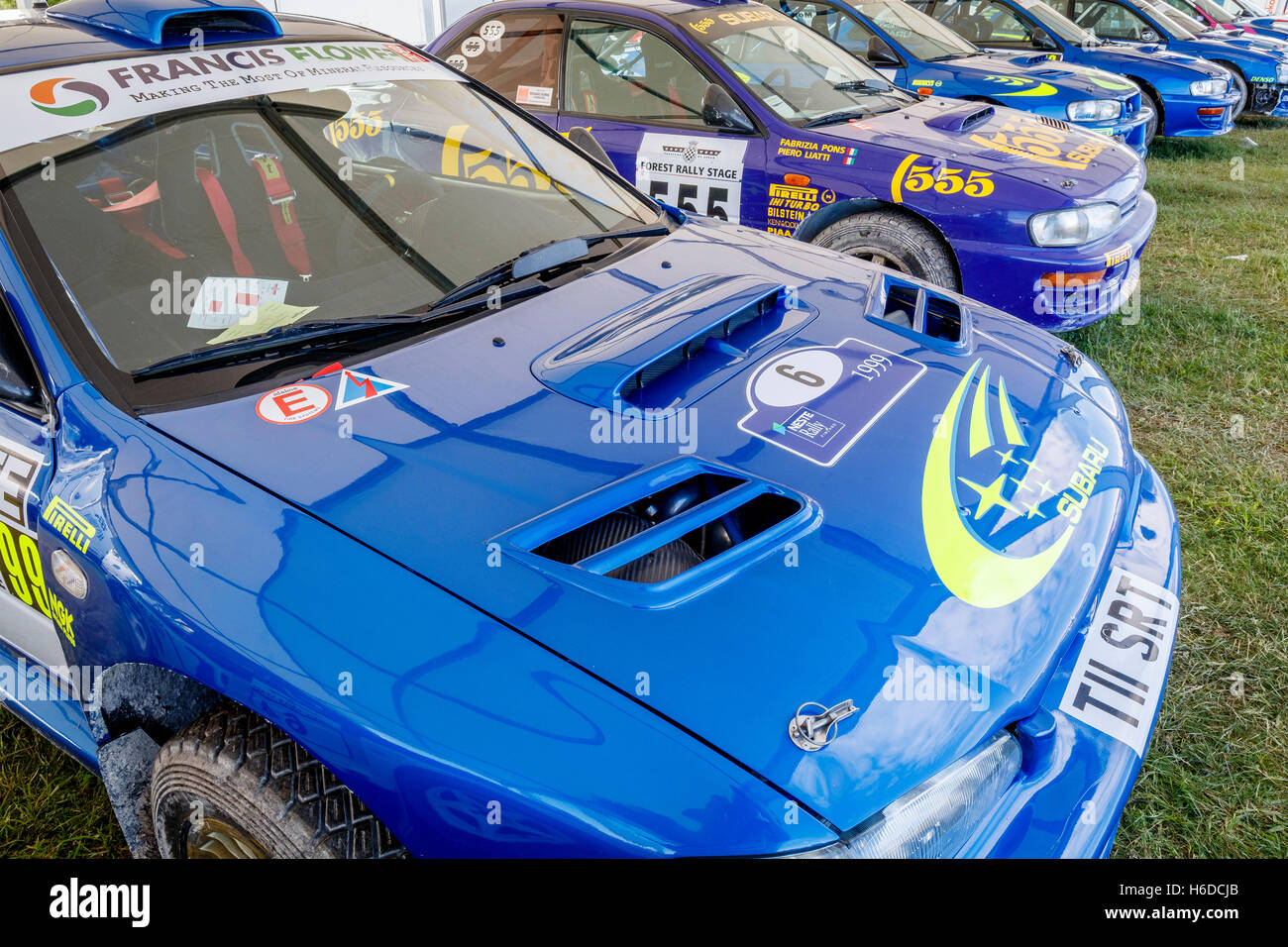 Subaru Impreza line-up in the paddock garage at the 2016 Goodwood ...