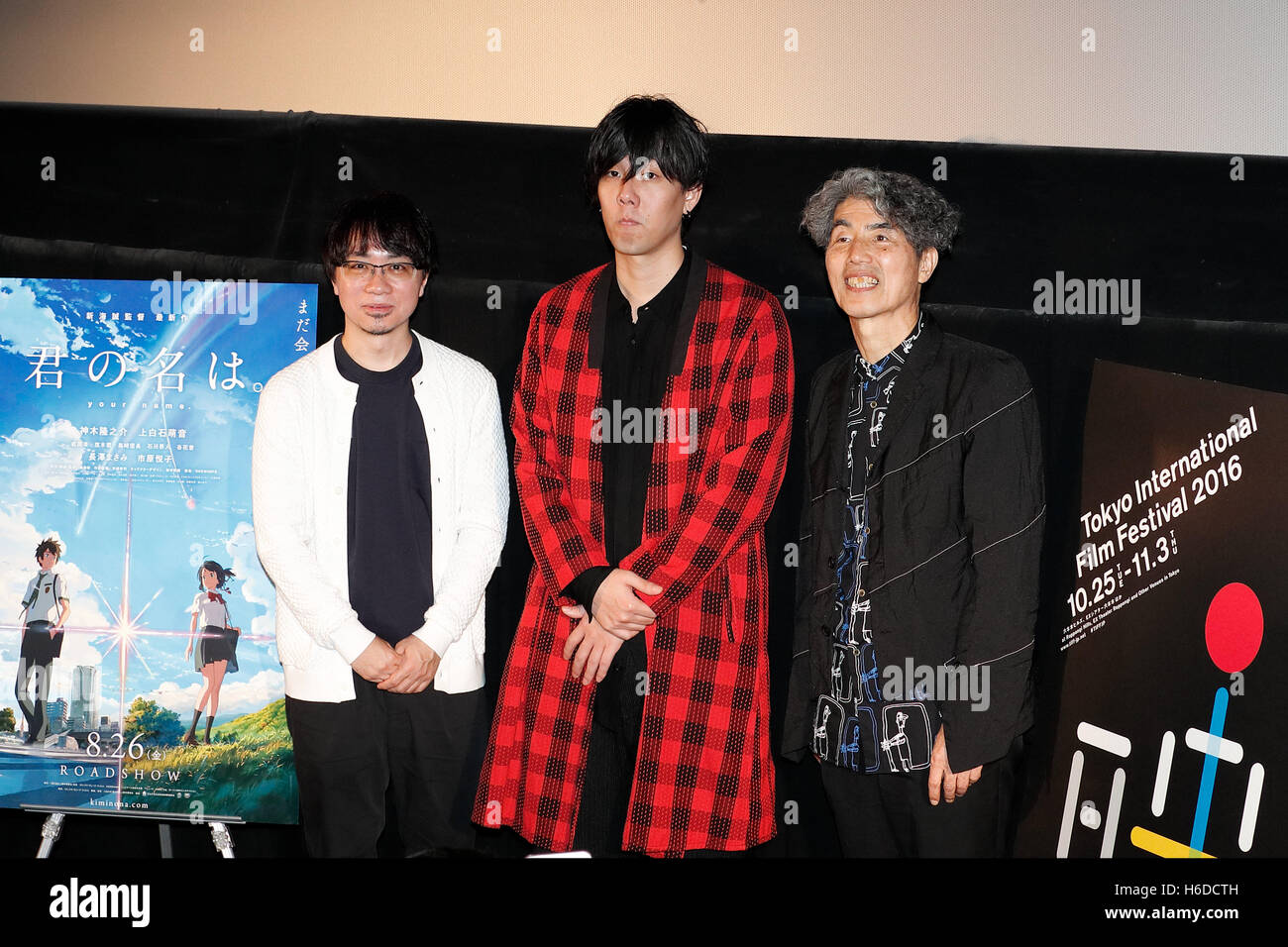 (L to R) Director Makoto Shinkai, singer/songwriter Yojiro Noda of Japanese band RADWIMPS and ...