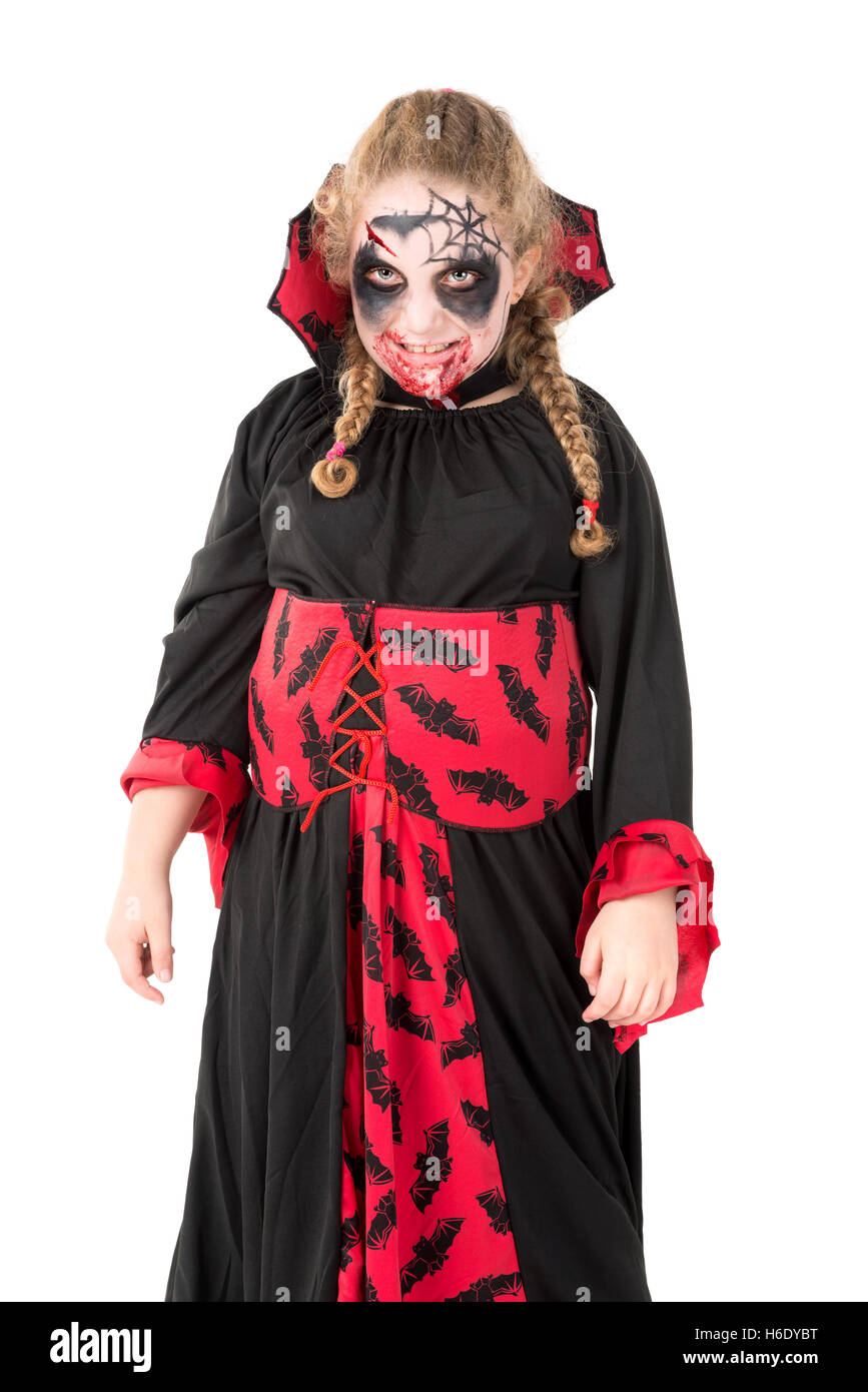 Girl with face-paint and vampire Halloween costume isolated in white ...