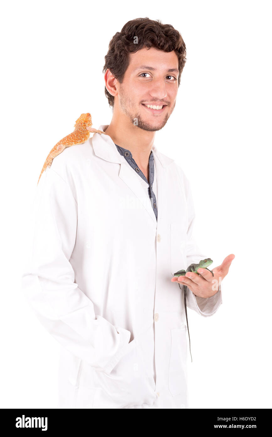 Young veterinarian with lizard isolated in white Stock Photo - Alamy