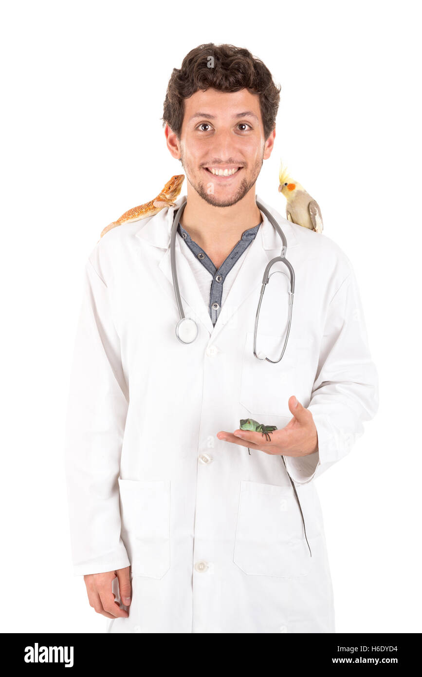 Young veterinarian with several animals isolated in white Stock Photo ...