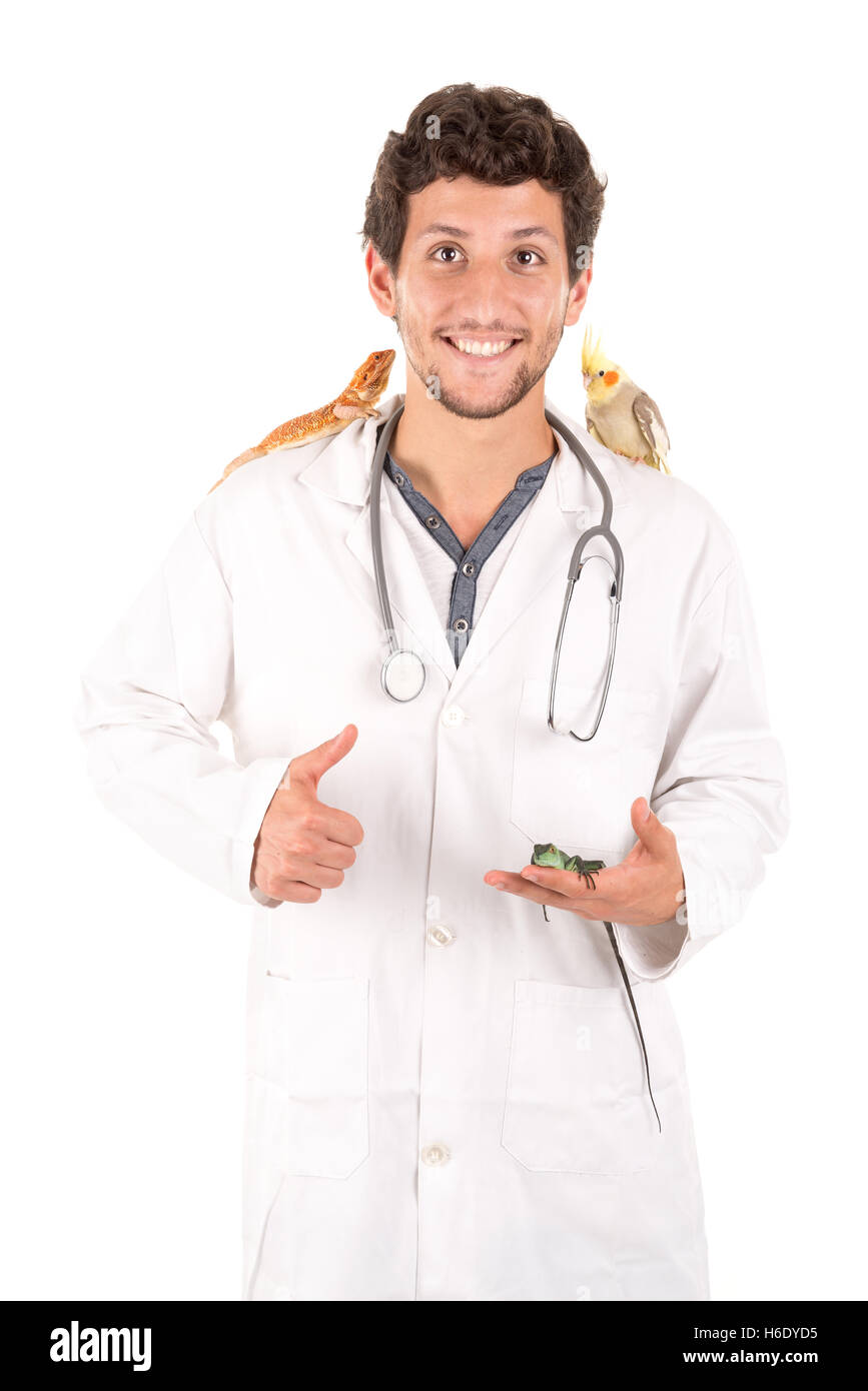 Young veterinarian with several animals isolated in white Stock Photo ...