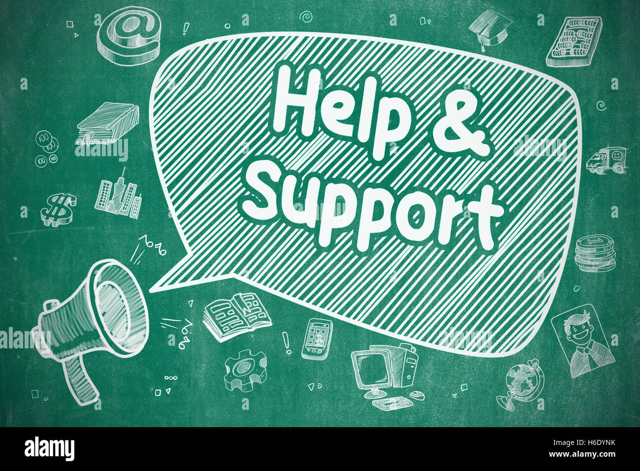 Help And Support - Cartoon Illustration on Blue Chalkboard Stock Photo ...