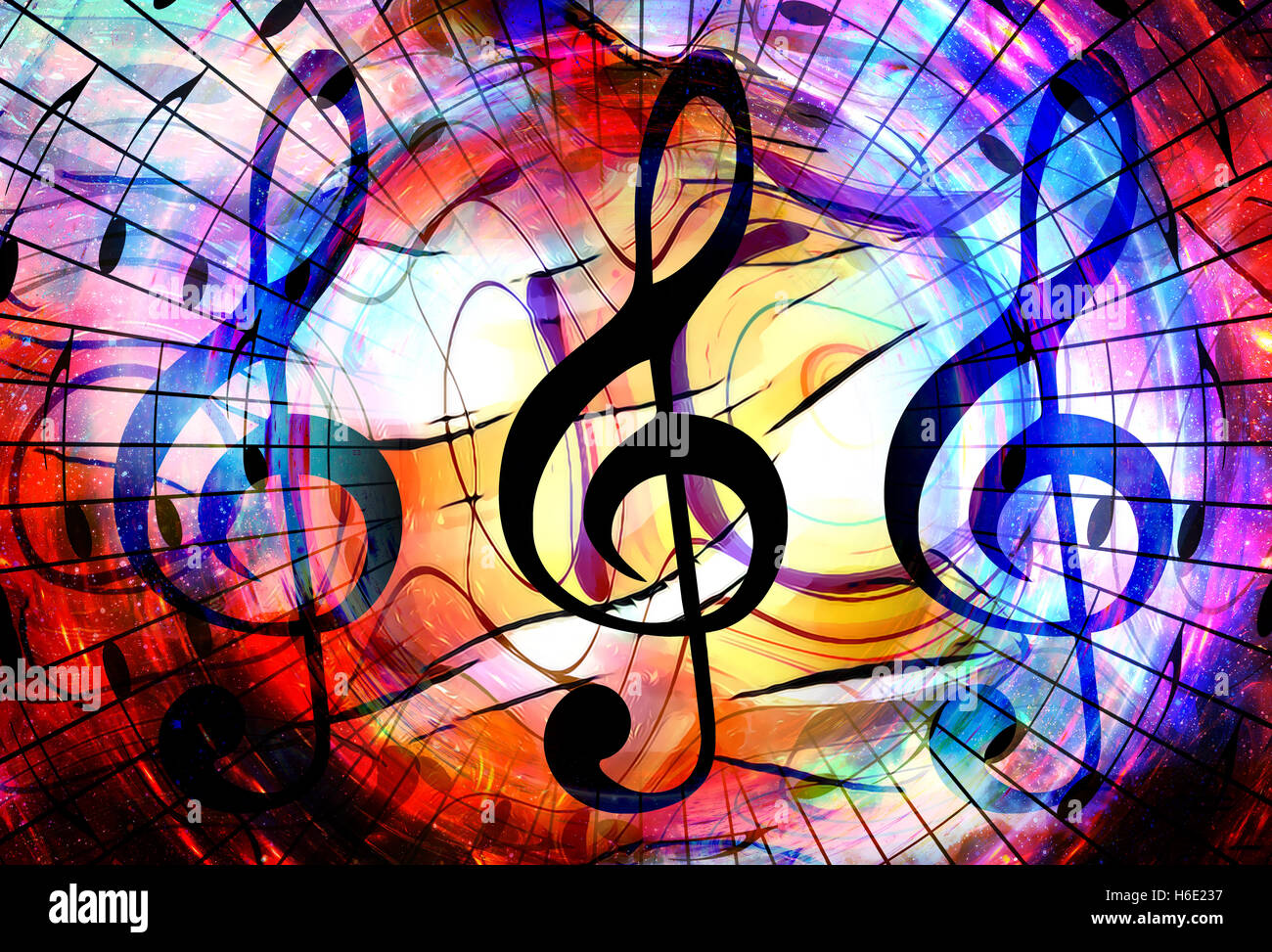 music notes and clef in space with stars. abstract color background ...