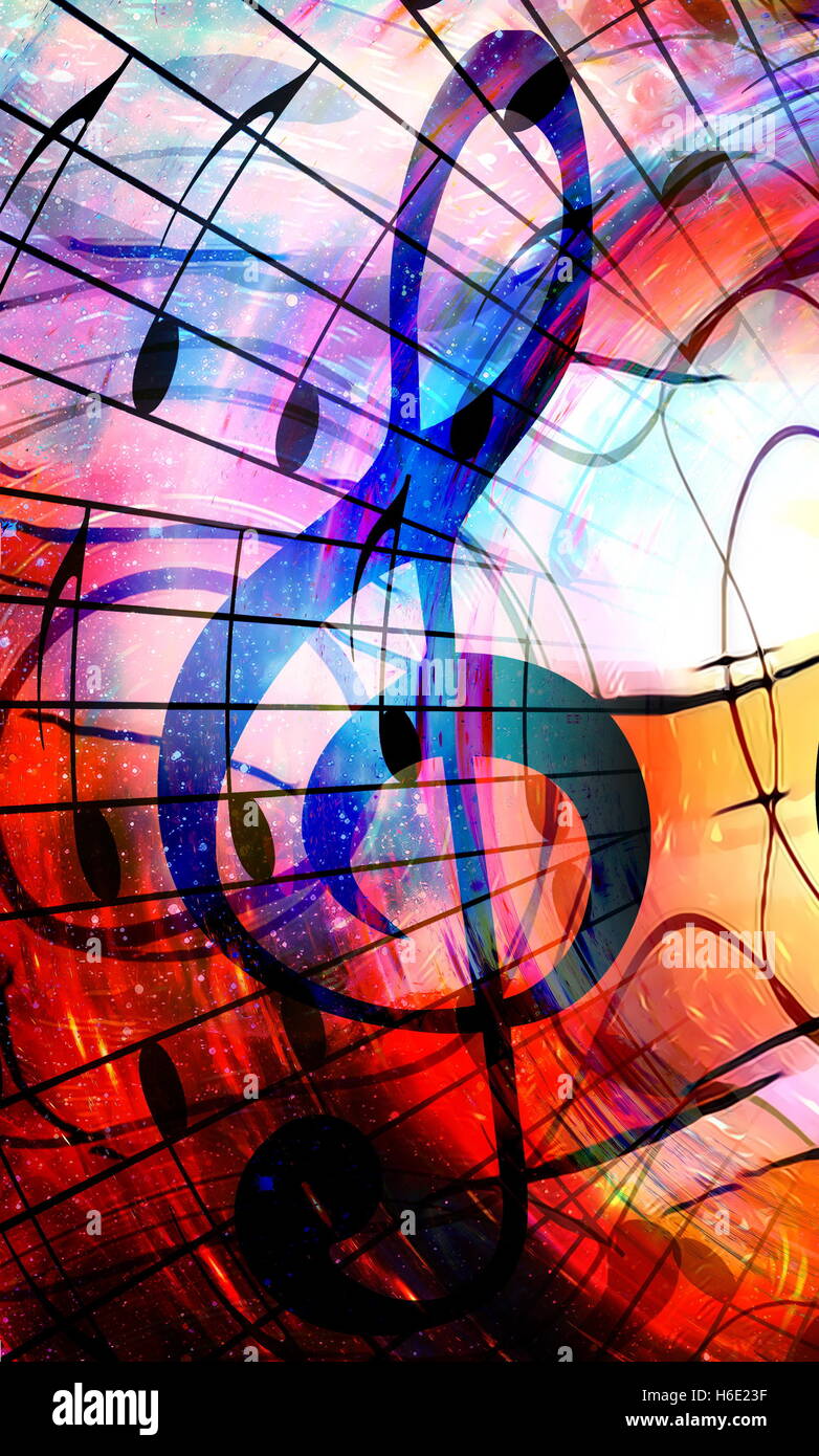 music notes and clef in space with stars. abstract color background ...