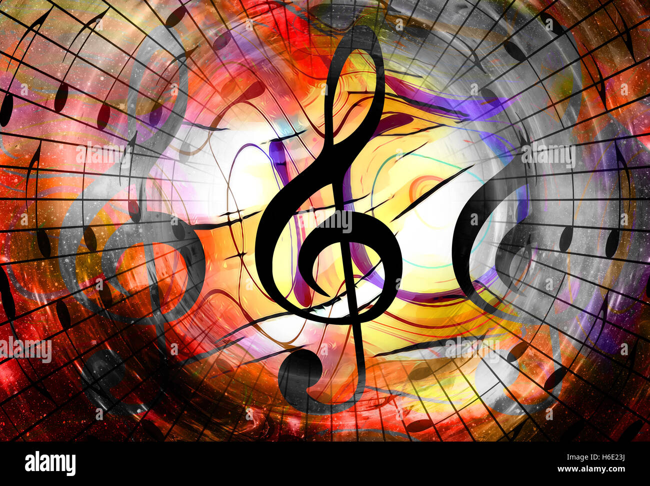 music notes and clef in space with stars. abstract color background ...