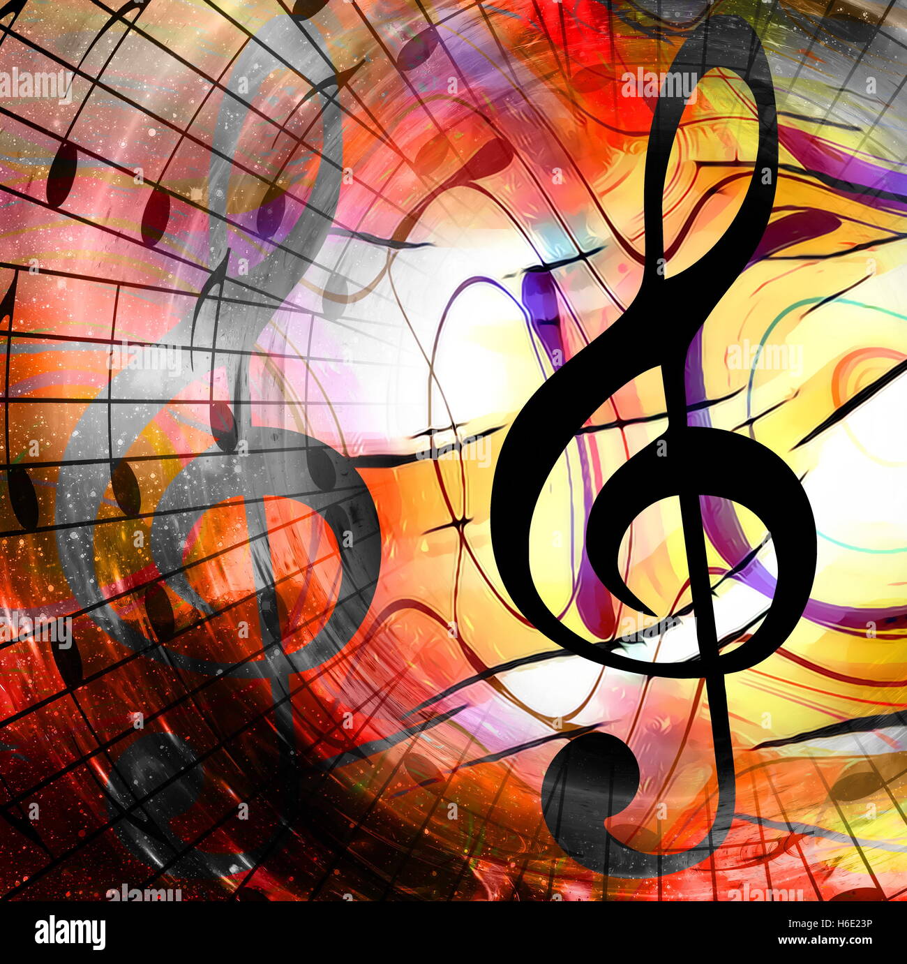 music notes and clef in space with stars. abstract color background ...