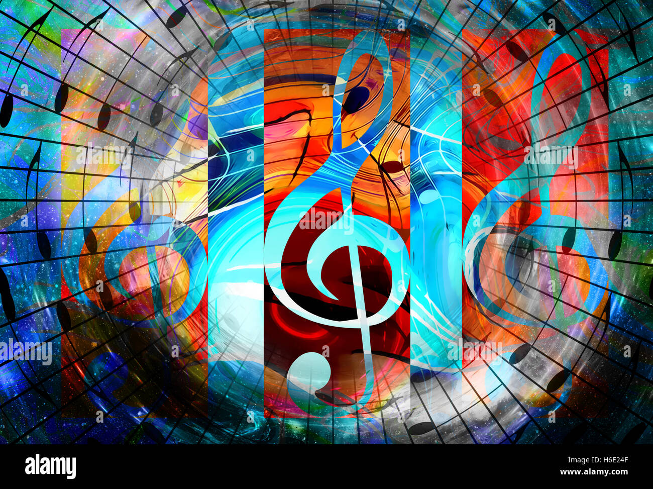 music notes in space with stars. abstract color background. Music ...