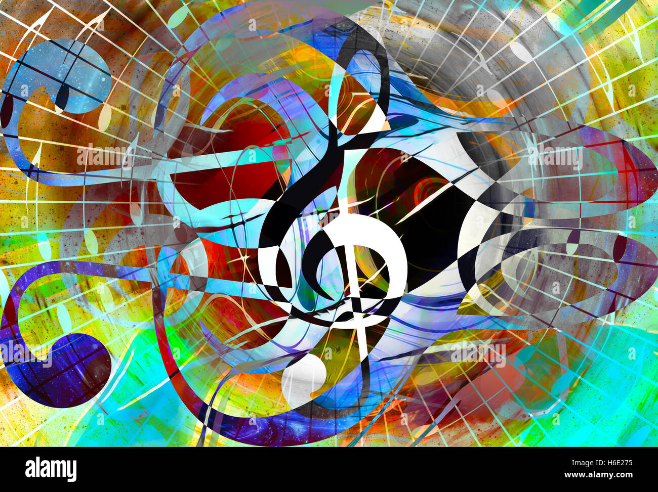 music notes and clef in space with stars. abstract color background ...
