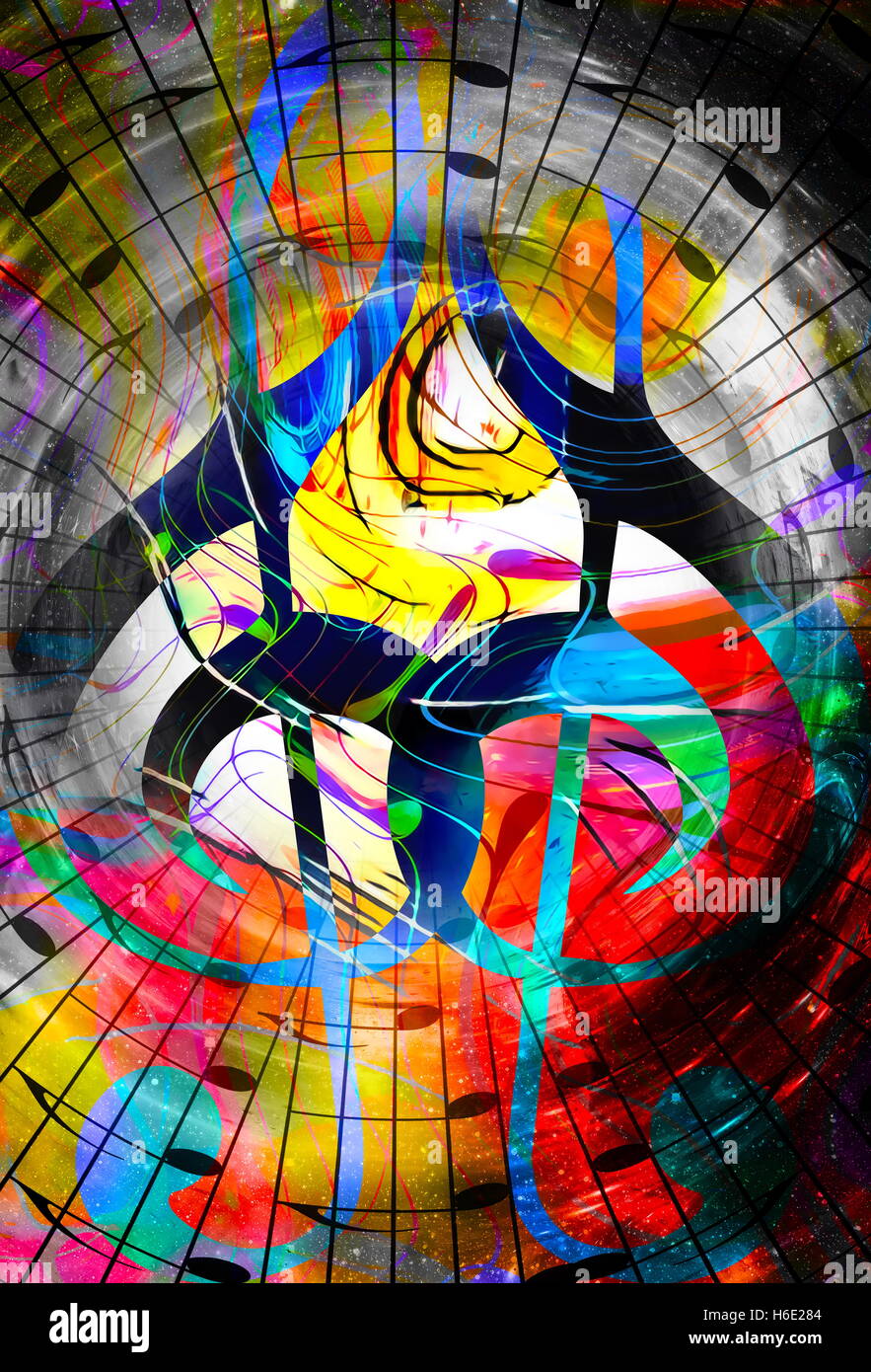 music notes and clef in space with stars. abstract color background ...
