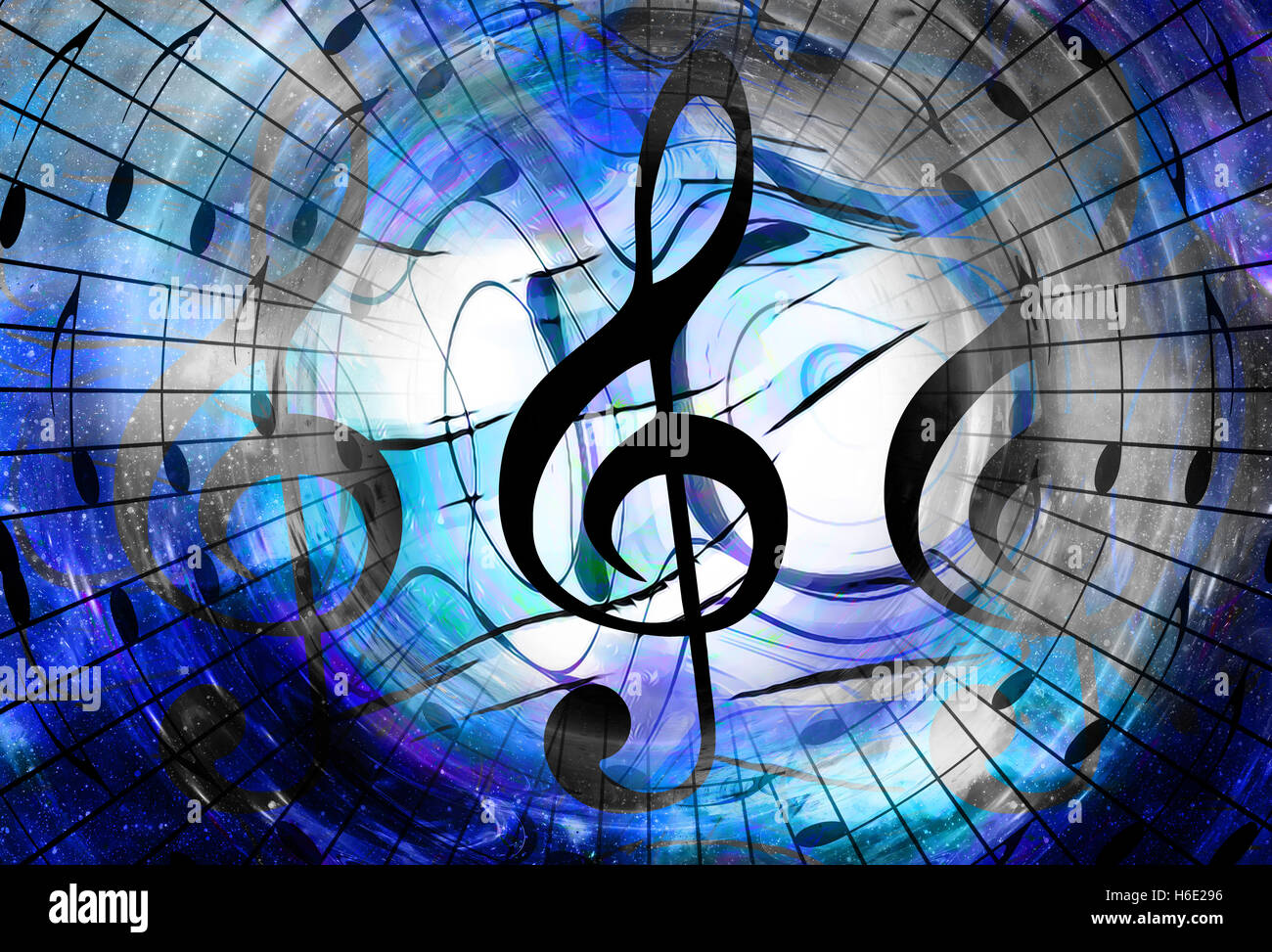 music notes and clef in space with stars. abstract color background ...