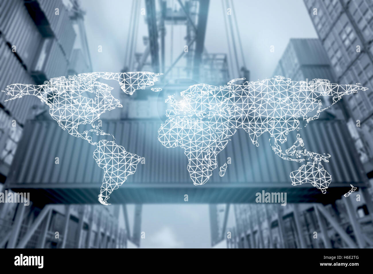 Network connection partnership logistics and world map with port in ...
