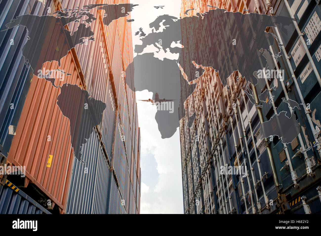 Stack of cargo containers with global map at the docks. Use for cargo ...