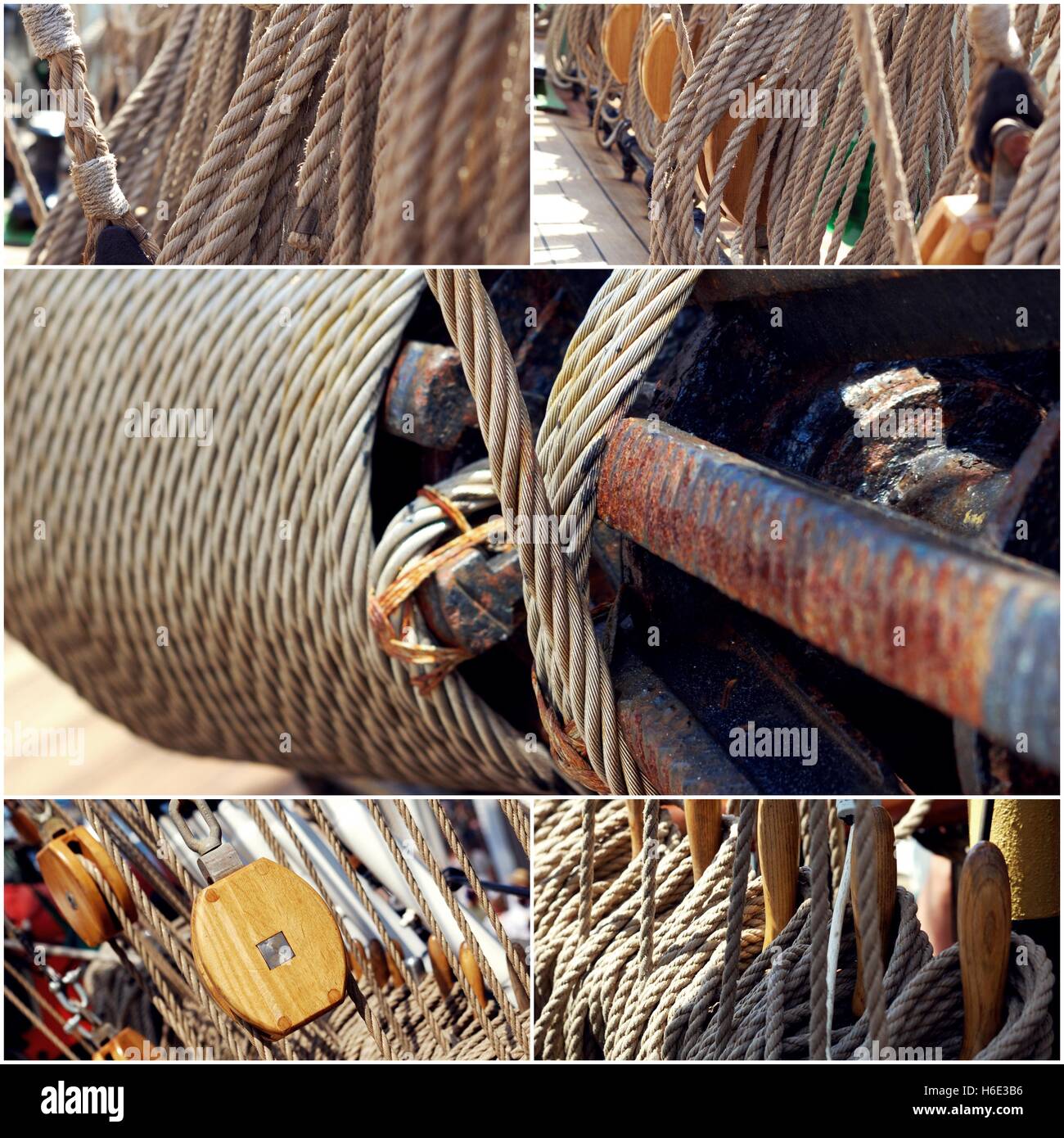 Ropes of sailing boat and rotating machine collage of photos Stock ...