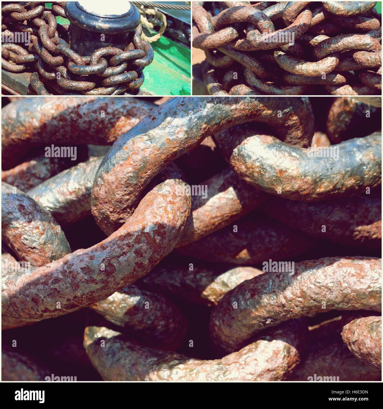 Old rusty pier chain link closeup collage of photos Stock Photo - Alamy