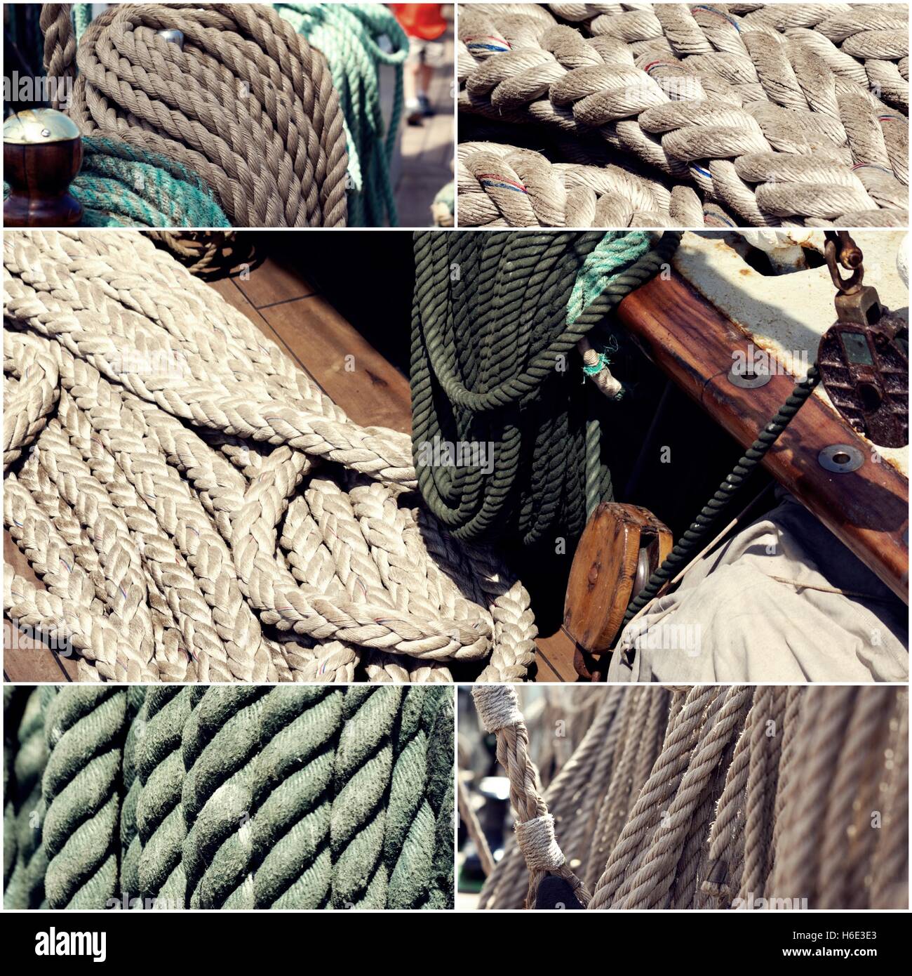 Sail boating concept. Sailing boat ropes collage set of images toned ...