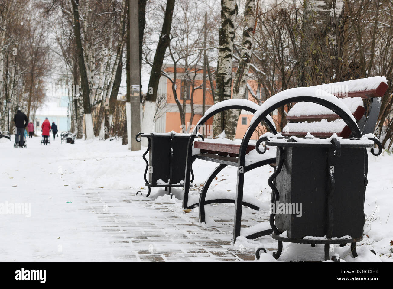 Winter bench in a park Stock Photo - Alamy