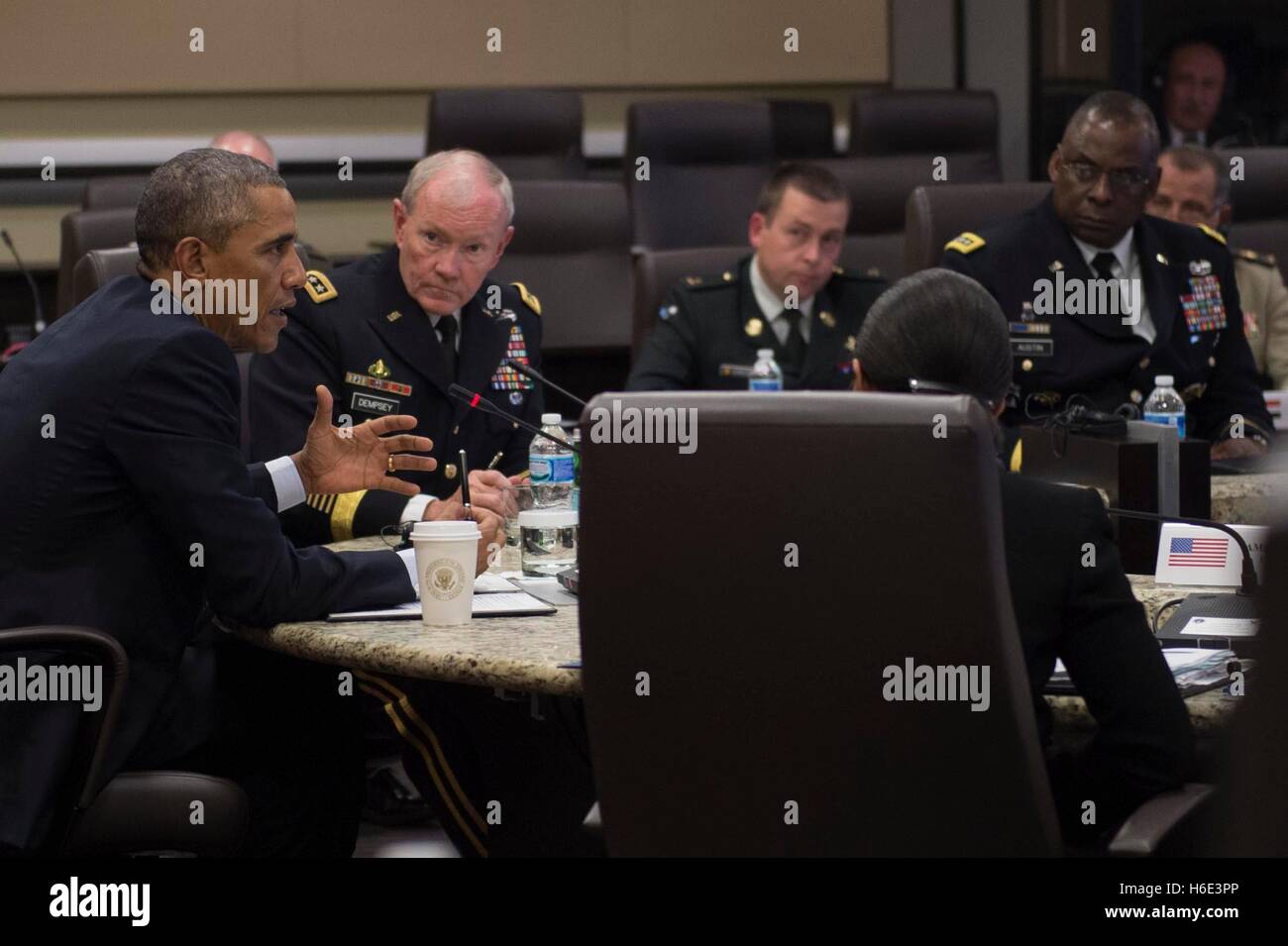 U.S. President Barack Obama meets with military leaders during a Middle ...