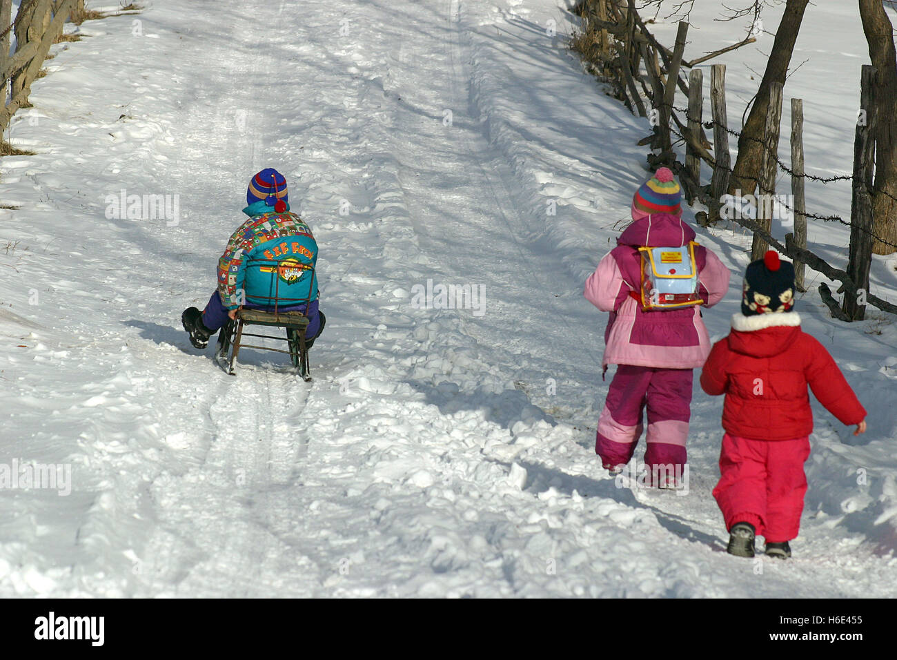 Little kids with sled walking and playing on snow in the countryside ...