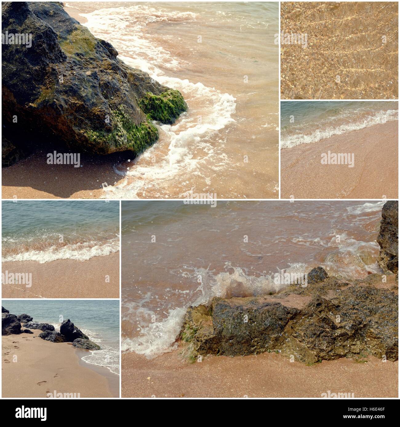 Collage of sea beach pictures. Set of summer vacation holiday images ...