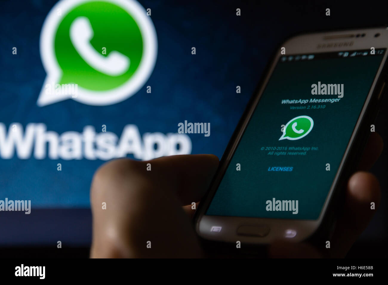 A smartphone display shows WhatsApp Messenger application Stock Photo ...