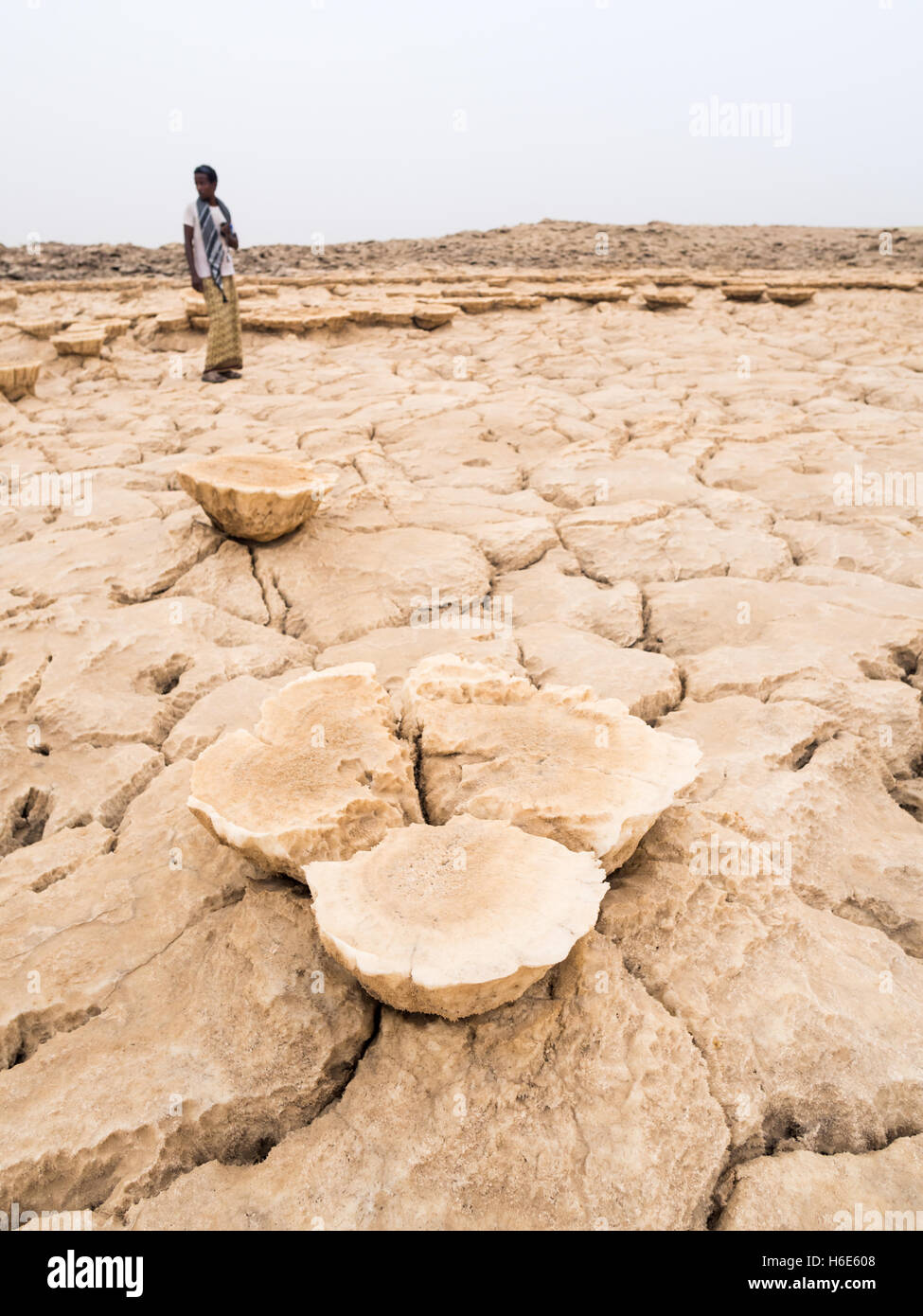 People walking across mineral soil formations around sulfur lake Dallol ...
