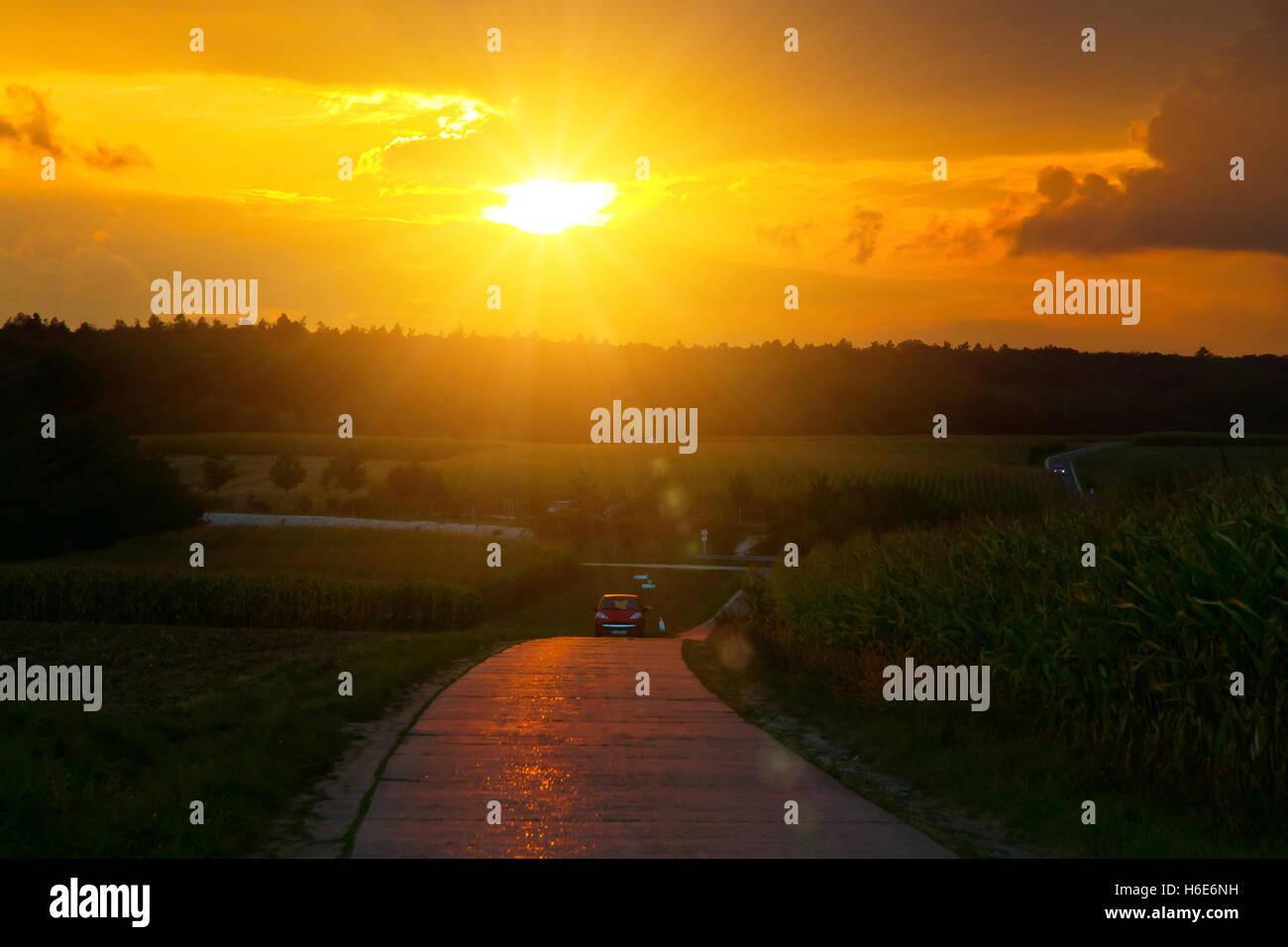 Dusk on a country road Stock Photo - Alamy