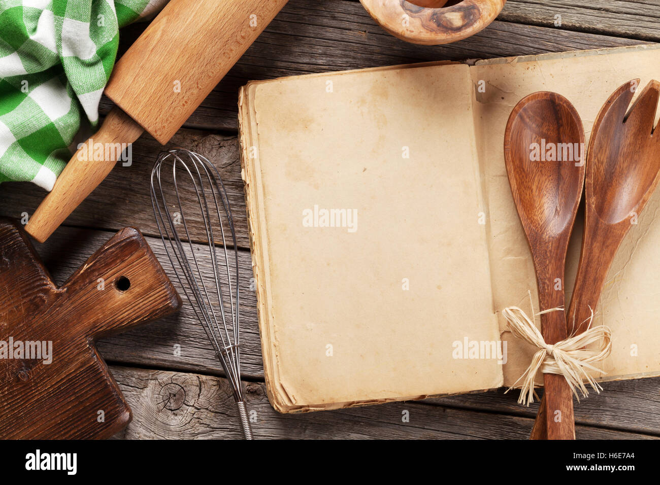 Blank vintage recipe cooking book and utensils. Top view with copy ...