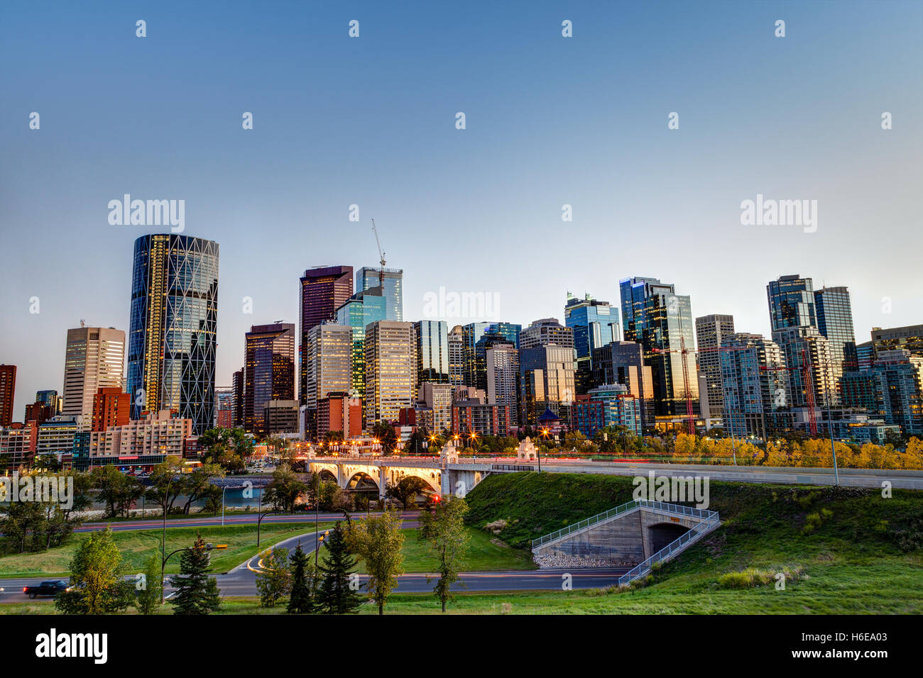 HDR rendering of Calgary downtown skyline just before sunset showing ...