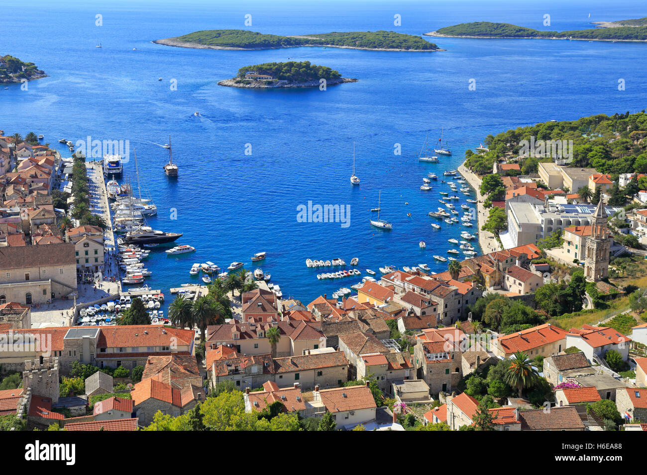 Harbour and the Pakleni Islands from the Spanish Fortress, Hvar Town ...