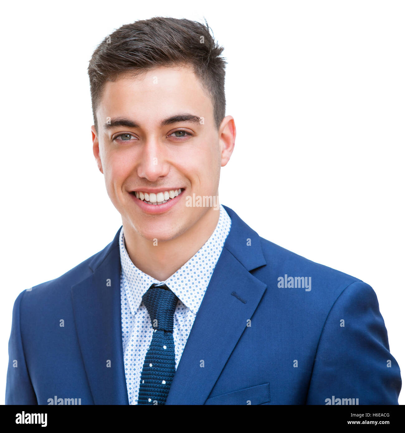 Close up portrait of Portrait of handsome young businessman in blue ...