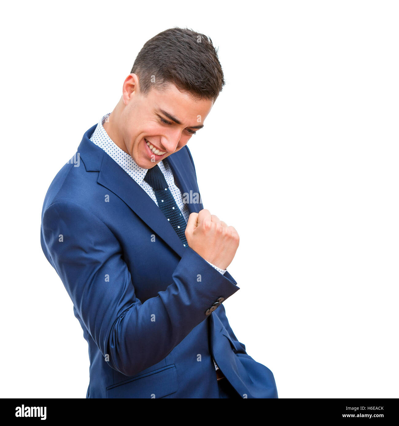 Close up portrait Successful businessman pulling a fist. Young business ...