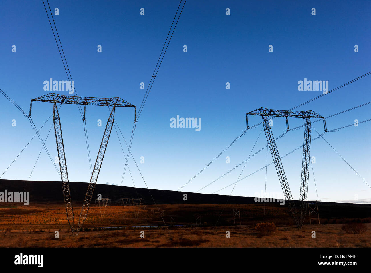 High tension power lines in Landscape, East Iceland, North Atlantic ...