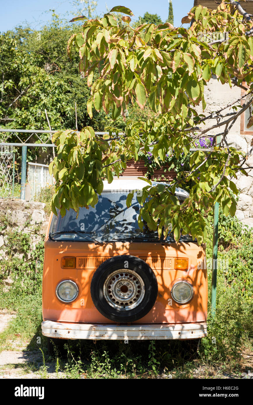 An old Vw or Volkswagen Camper van parked under a tree in a garden ...