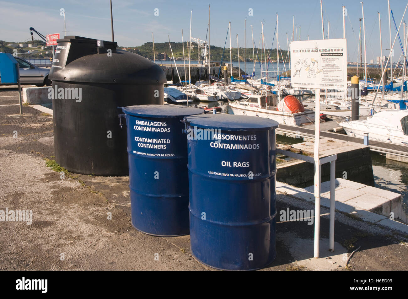 EUROPE, PORTUGAL, Lisbon (Lisboa), Belem, marina, recycling bins for ...