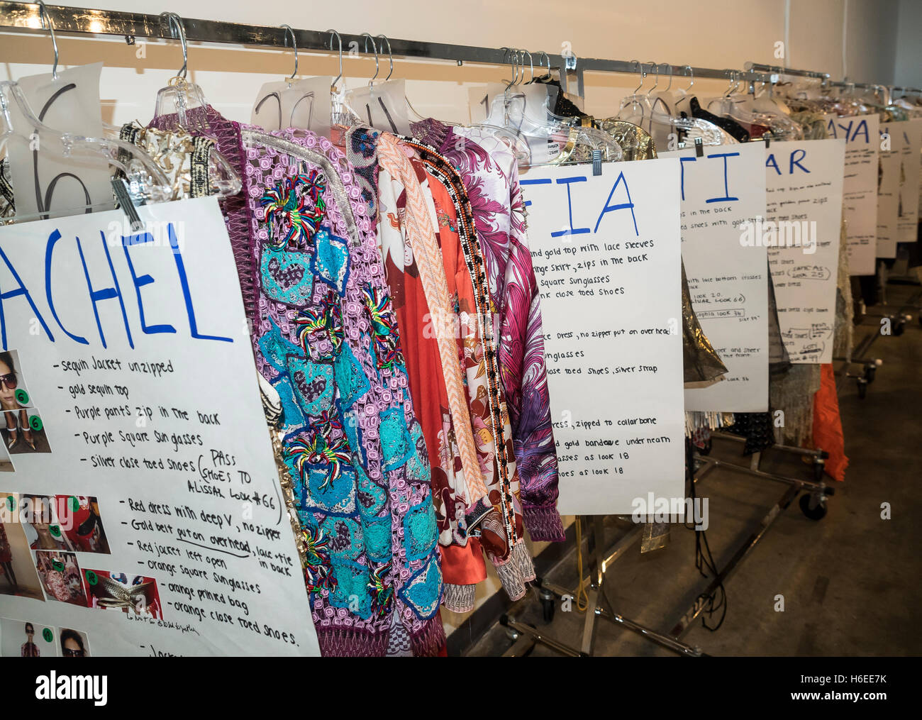 New York, NY, USA - September 11, 2016: Racks with clothes on backstage ...