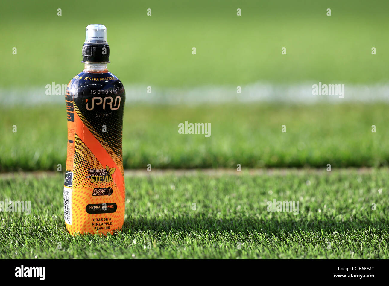 A Isotonic iPro sport drink sits at the side of the pitch Stock Photo ...