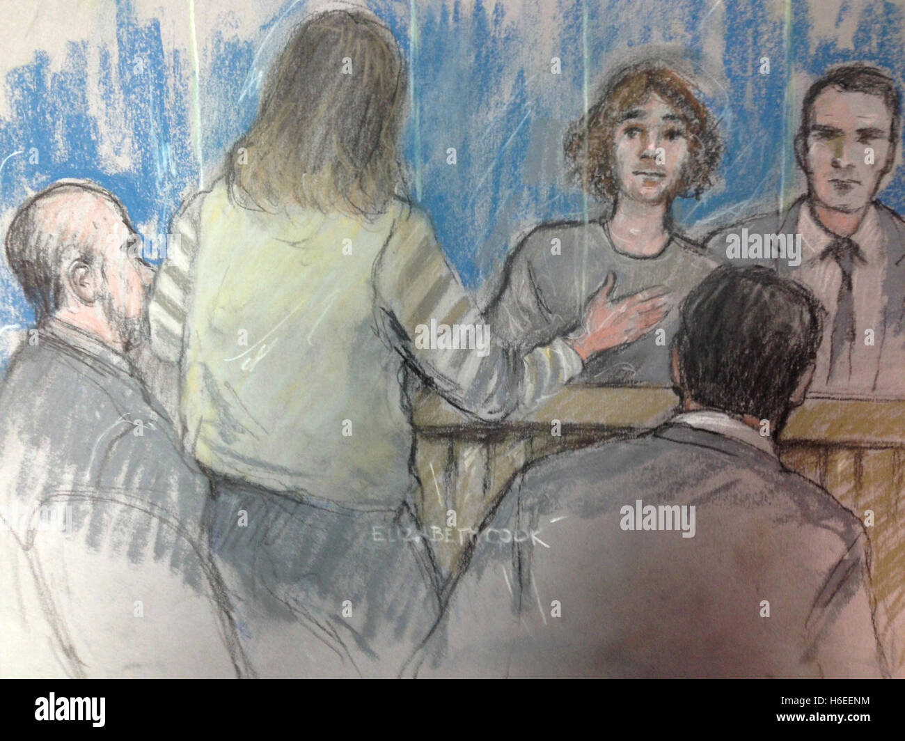 Court artist sketch by Elizabeth Cook of Damon Smith, 19, in the dock ...