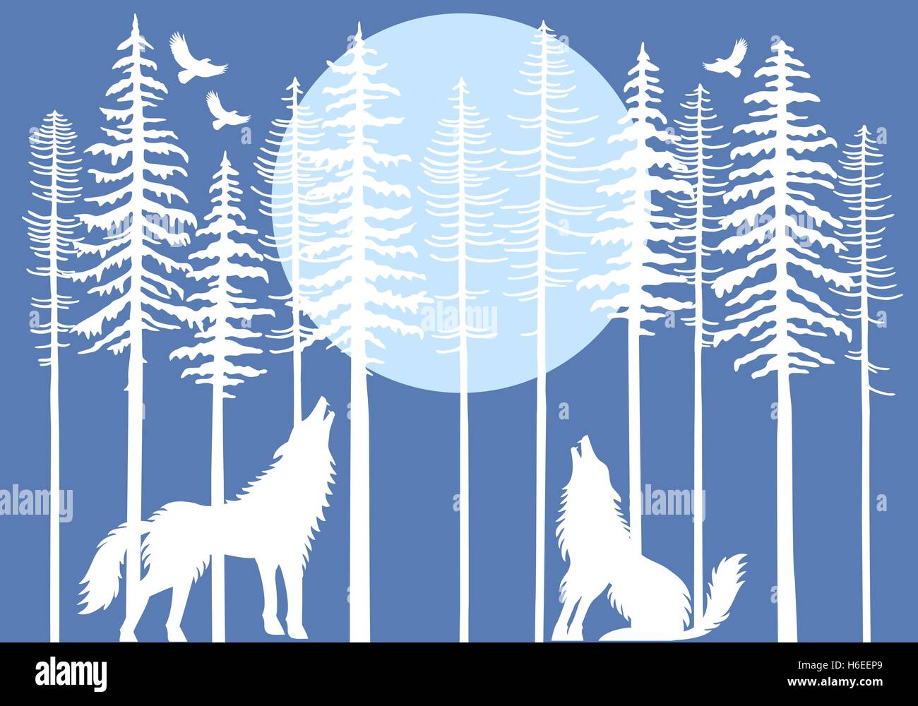 Howling wolf in fir tree forest with blue moon, vector illustration ...
