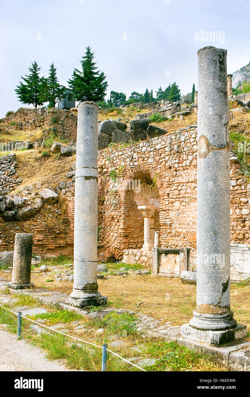 The antique columns are the part of the Spartan monument in Delphi ...