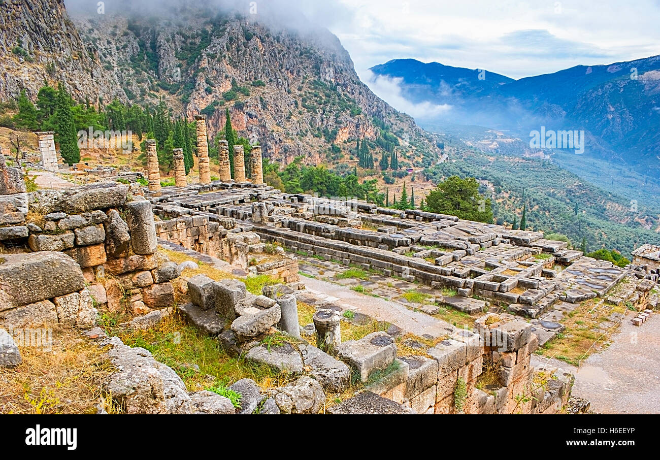 The ruins of ancient temple of Apollo and Parnassus mountains on the ...