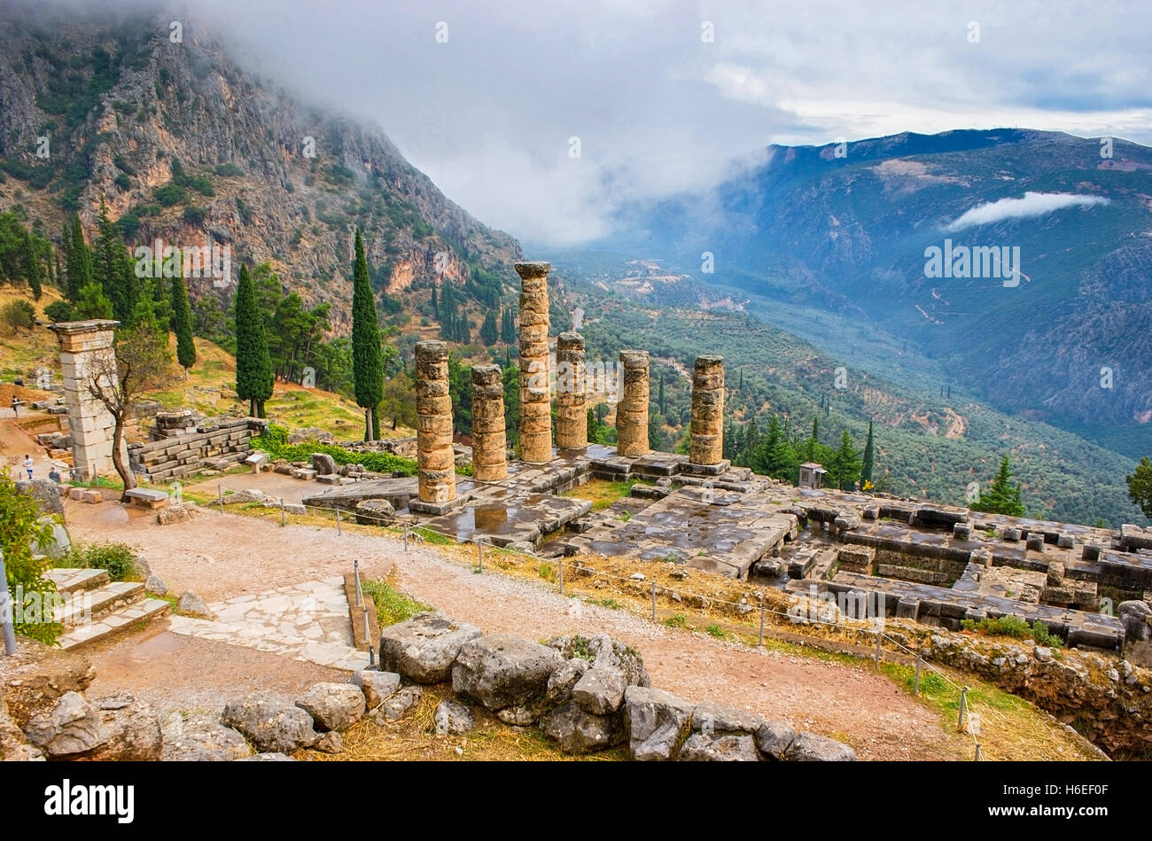 The ruins of Apollo Temple with the aerial view on the scenic valley in ...