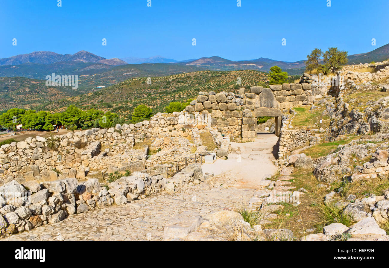 The Greek mountain landscape with the ruins of the ancient Mycenae ...