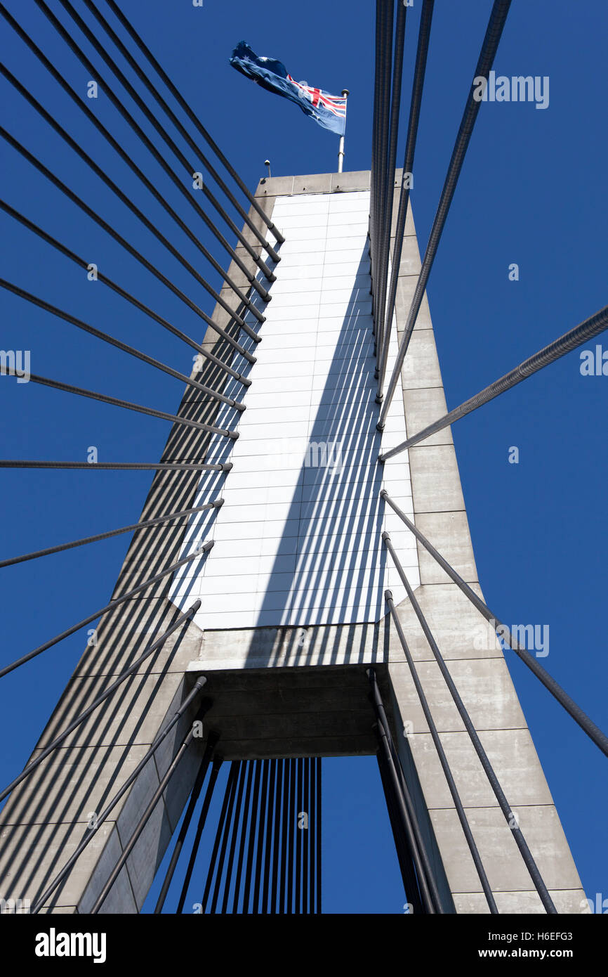The tower of Anzac bridge with a flag on a top (Sydney, New South Wales ...