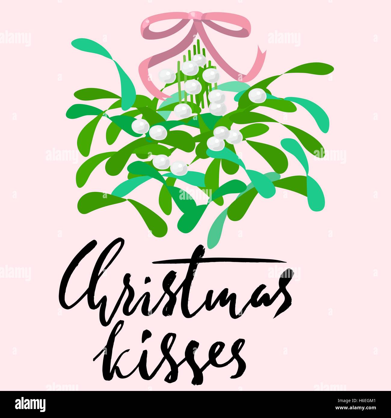 Mistletoe with pink bow and curly ribbon. Christmas lettering. Vector ...