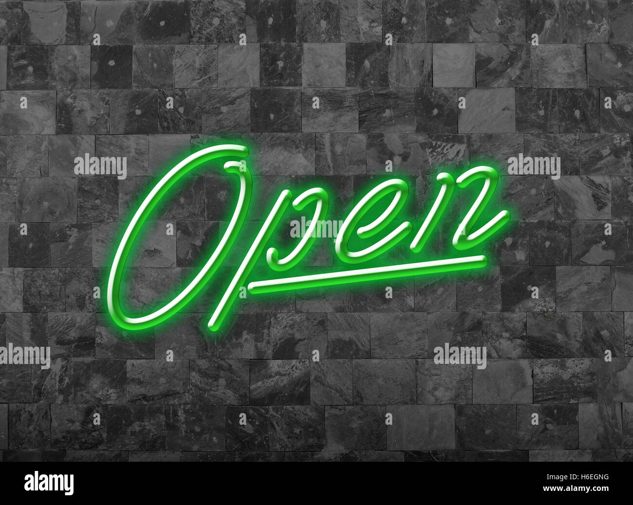 Open Sign in Glooming Green Neon Font on a dark Wall for attraction of ...