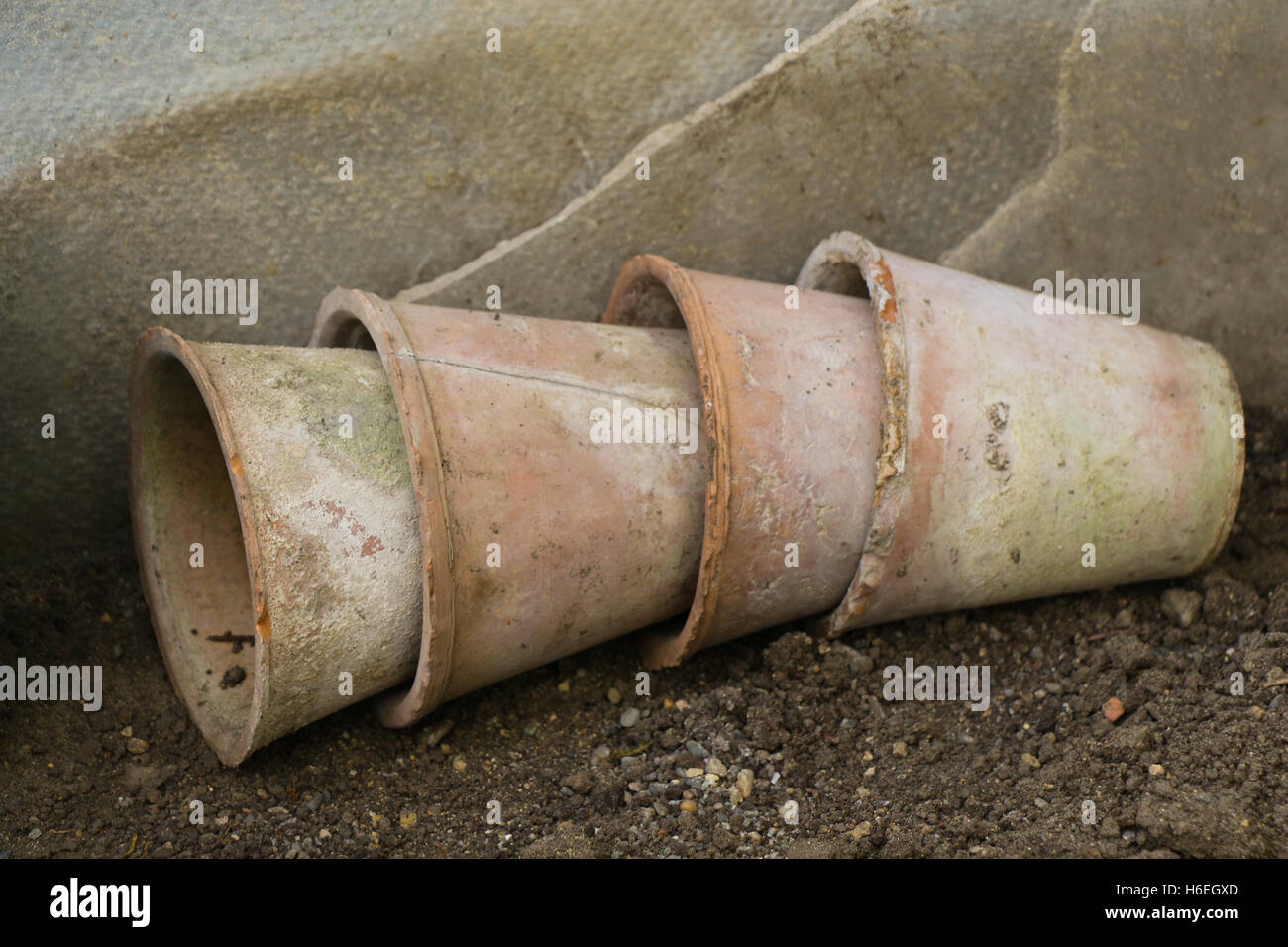 Empty old rustic flower pot on the soil ground Stock Photo - Alamy