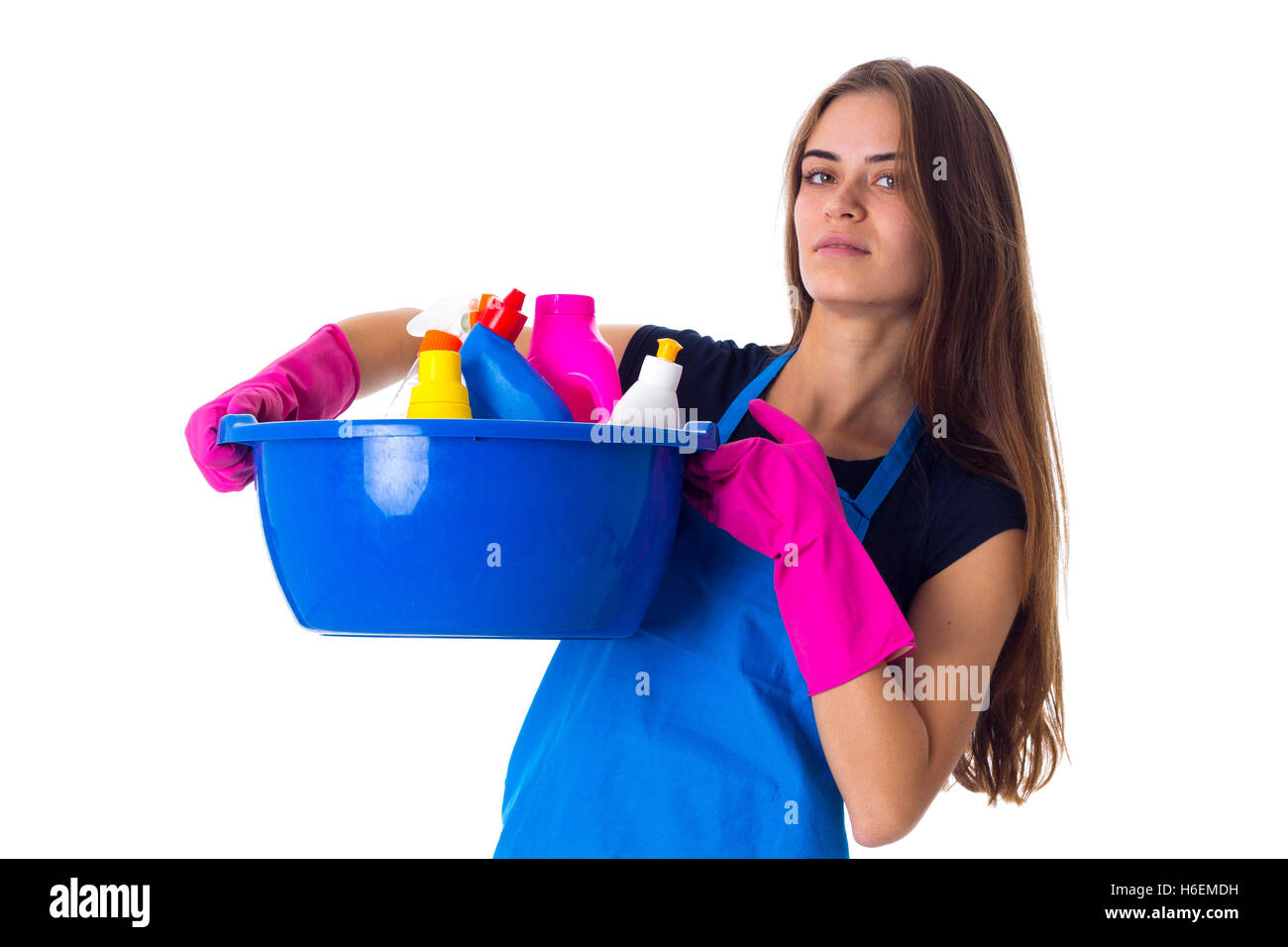 Woman holding cleaning things in washbowl Stock Photo - Alamy